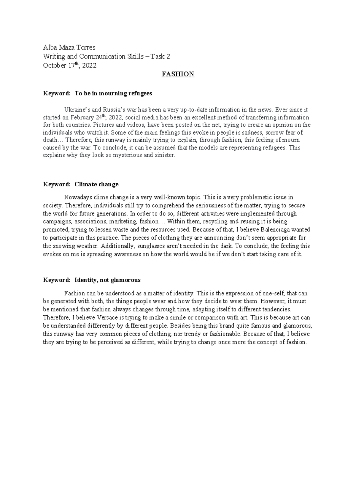 Fashion - Tasks - Alba Maza Torres Writing and Communication Skills – Task 2 October 17th, 2022 ...
