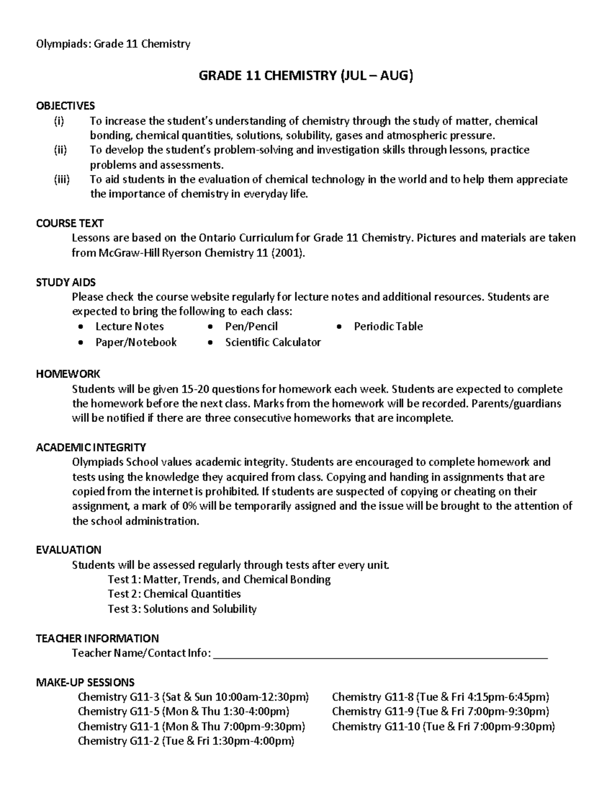 2021 Summer Chemistry G11 Course Outline - Olympiads: Grade 11 ...