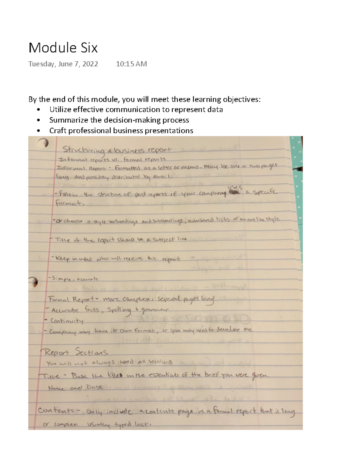 BUS 225 Module Six Notes - By the end of this module, you will meet ...