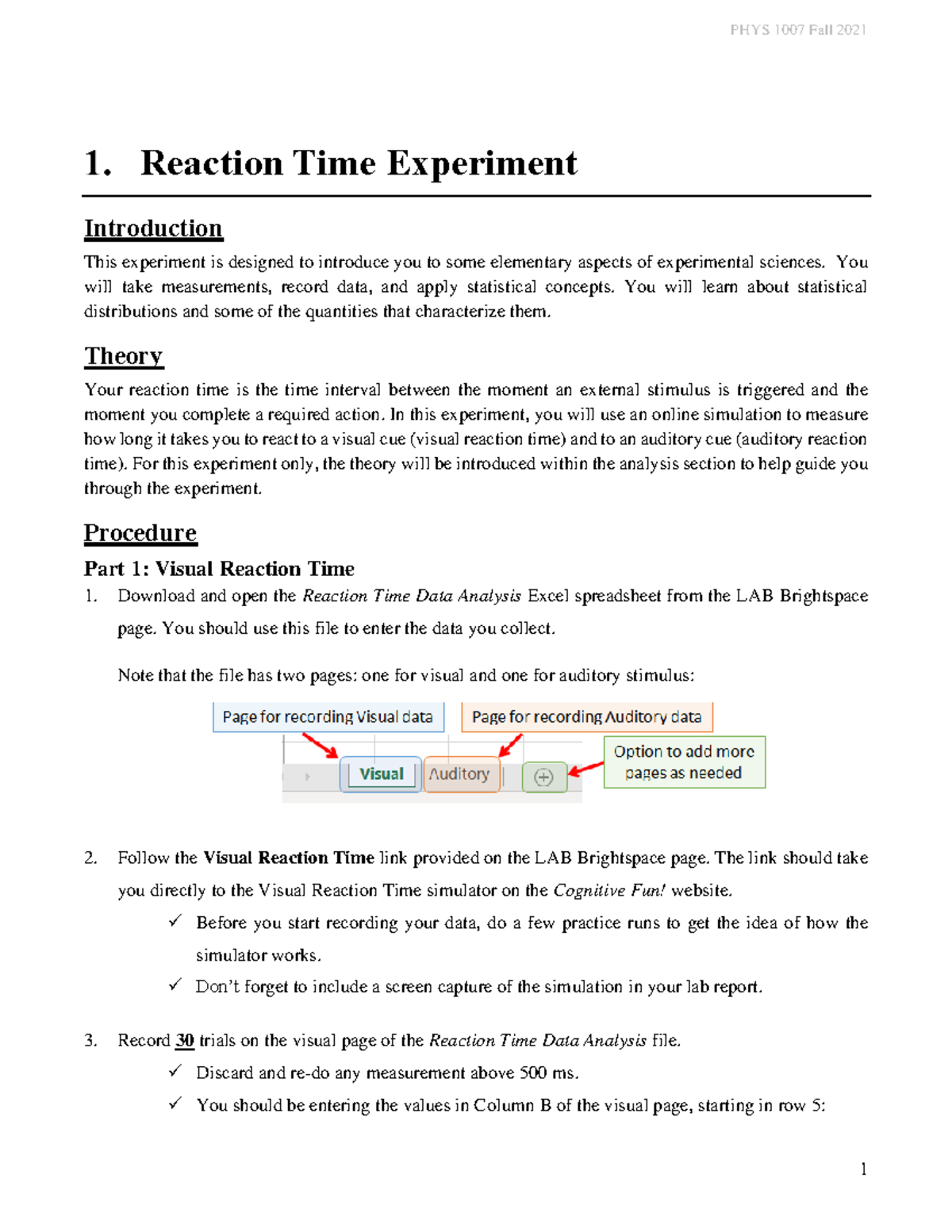 Reaction Time Manual - Lecture notes 1 - Reaction Time Experiment ...
