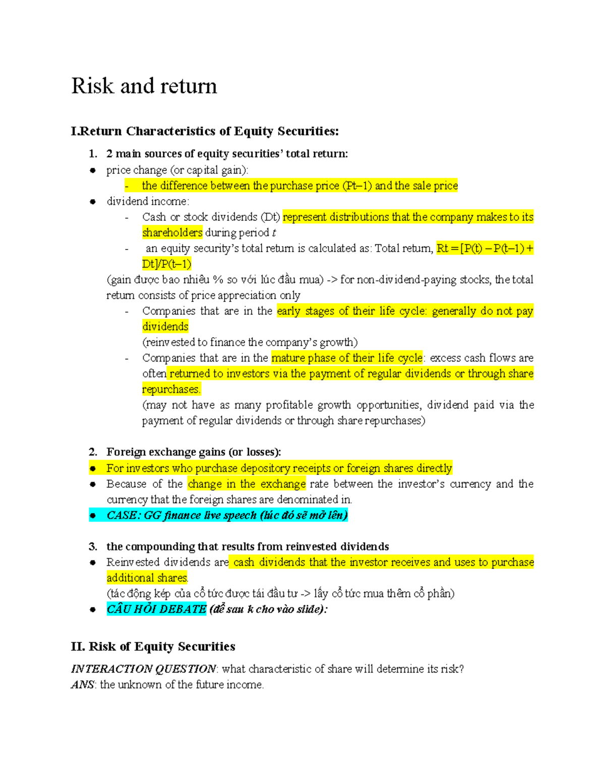 [equity] risk - TUỆ - mindmap - Risk and return I Characteristics of ...