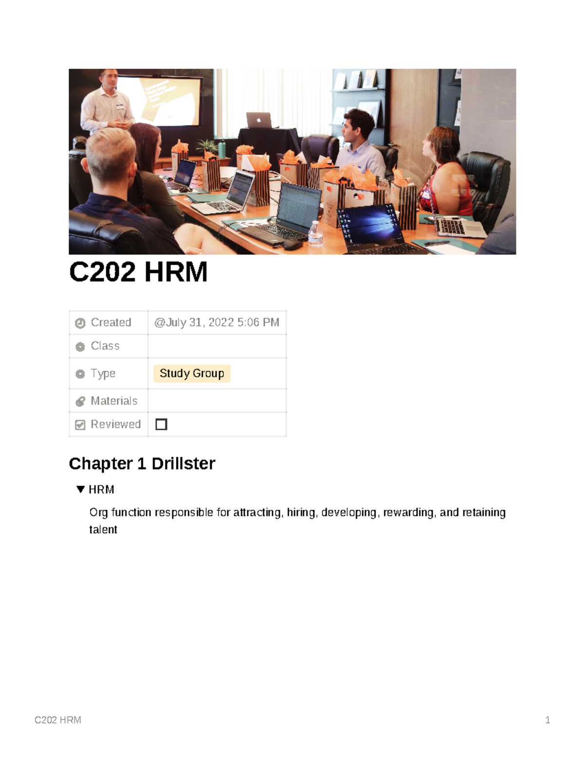 C202 Chapter 1 Terms - C202 HRM Created Class Type Study Group Materials Reviewed Chapter 1 ...
