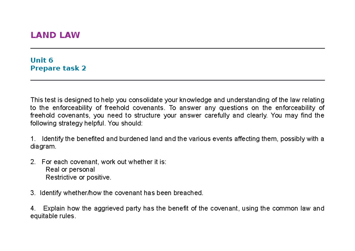 Land Law - Unit 6 Prepare Task 2 - LAND LAW Unit 6 Prepare task 2 This ...