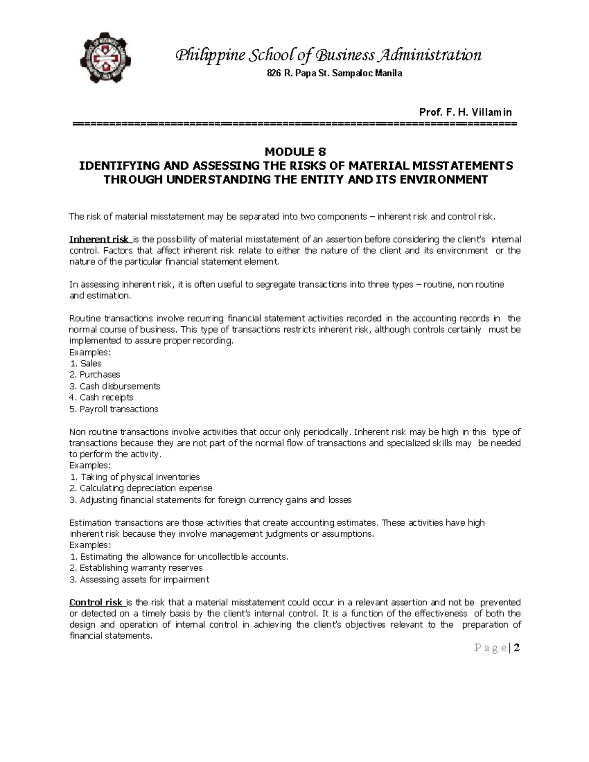 AT Module 8 - Risk Assessment and Materiality (Oct 2024) - Philippine ...