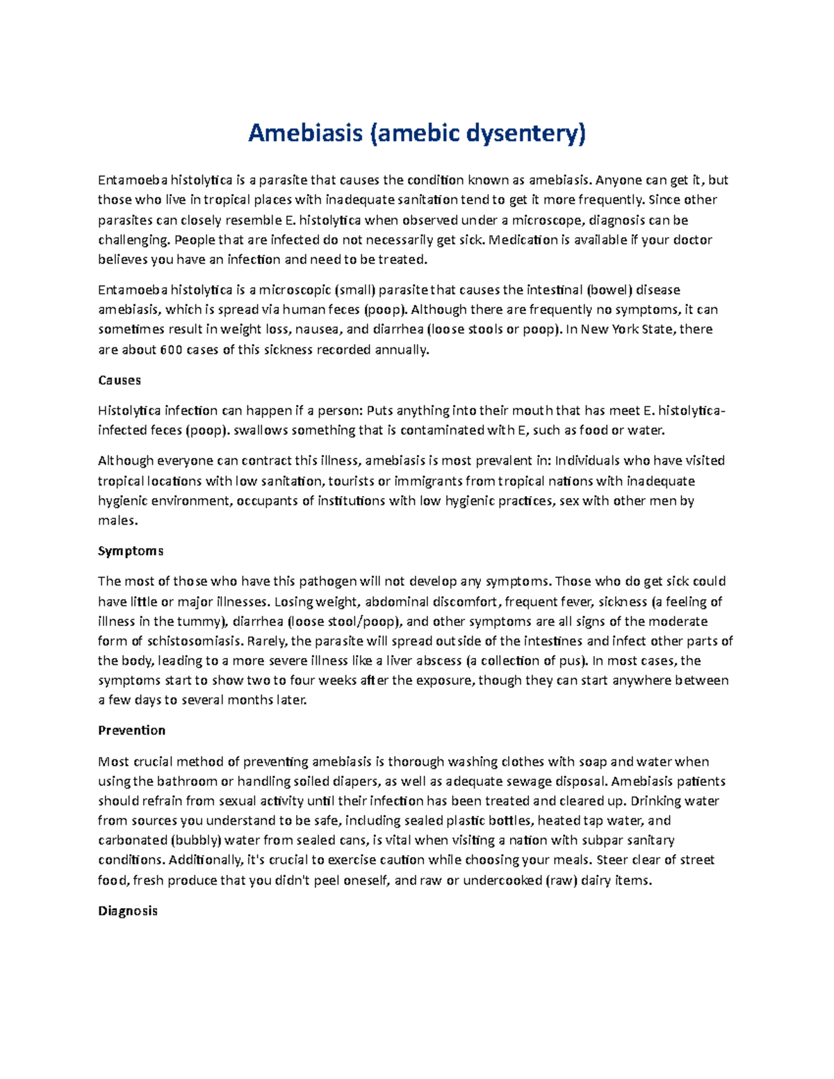 Biology Assignment - Amebiasis (amebic dysentery) Entamoeba histolytica ...
