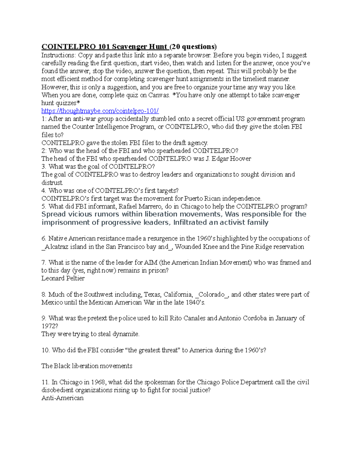 Cointelpro 101 Scavenger Hunt-1-1 - COINTELPRO 101 Scavenger Hunt (20 ...