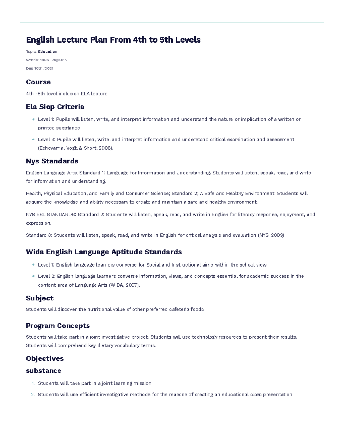 English Lecture Plan From 4th to 5th Levels Free Essay Example ...