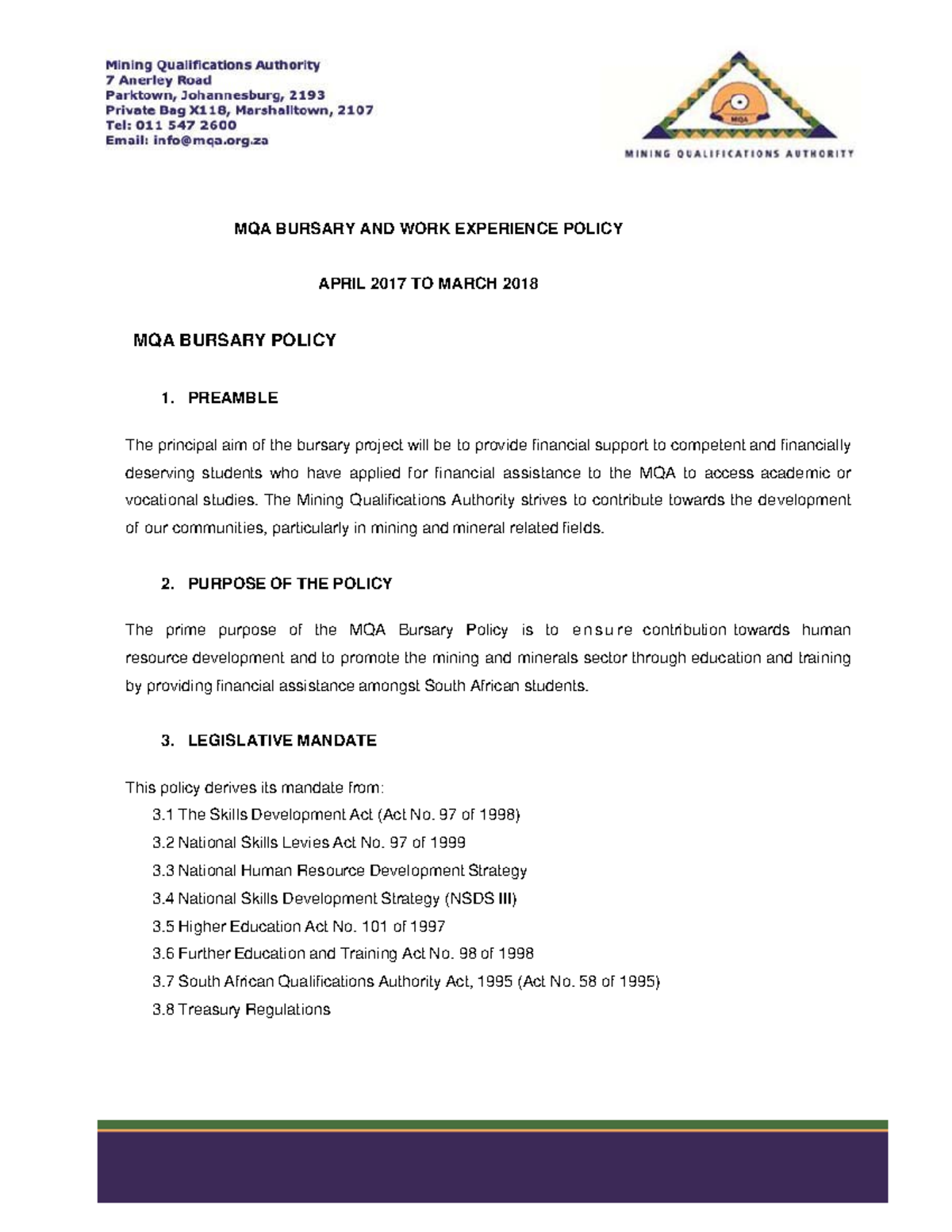 MQA Bursary and Work Experience Policy 2017 2018 - MQA BURSARY AND WORK ...