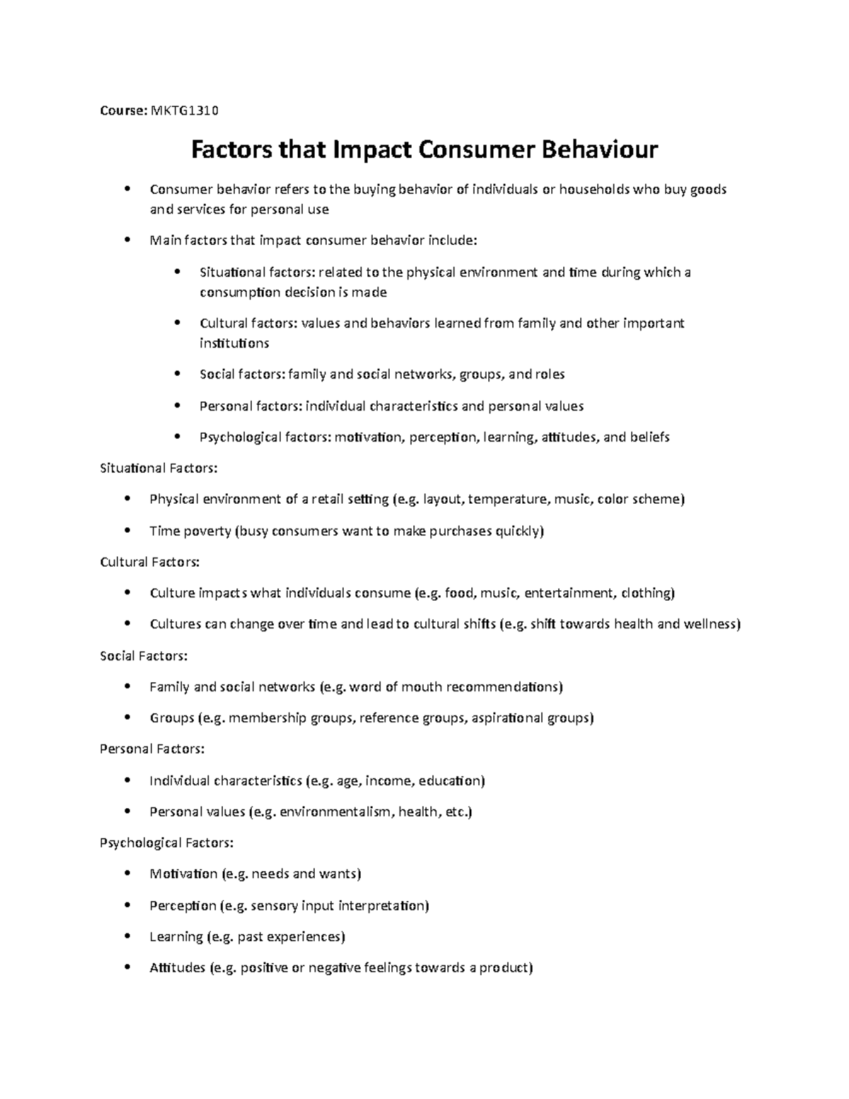 Factors that Impact Consumer Behaviour - Course: MKTG Factors that ...