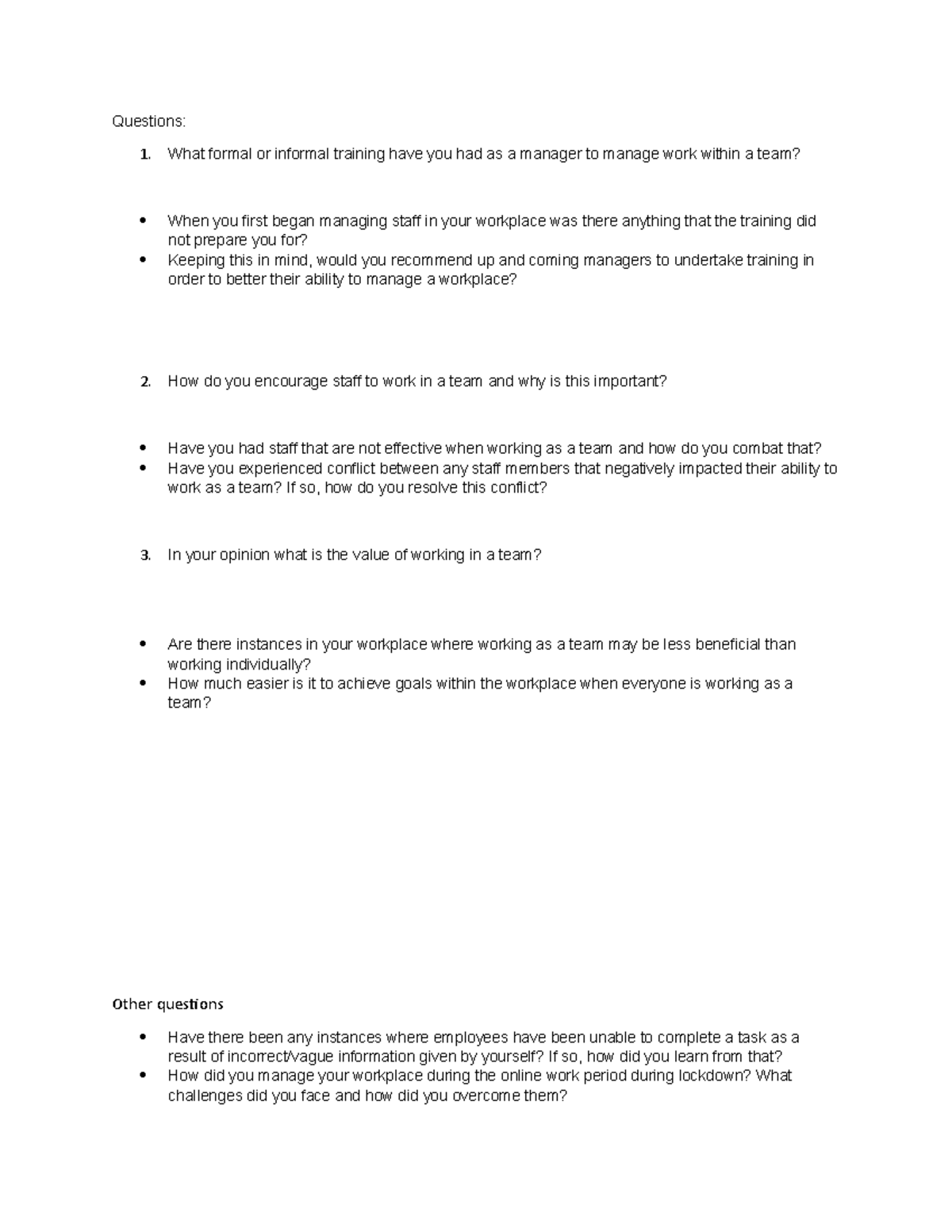 Manager questions - Questions: What formal or informal training have ...