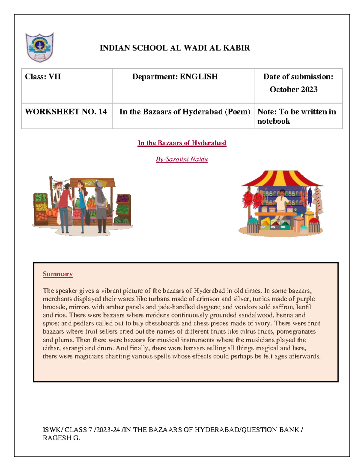 4135900- Worksheet NO. 14 - In the Bazaars of Hyderabad ( Question Bank ...