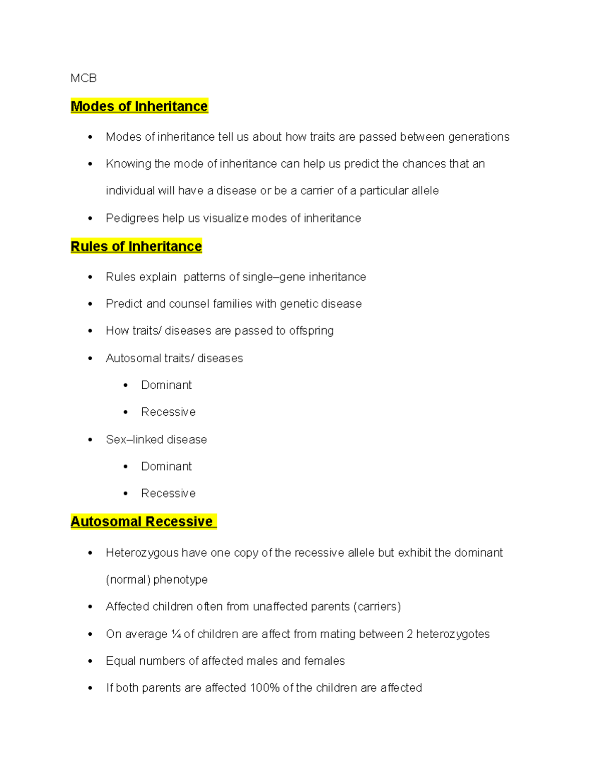 MCB DAY 22 - Modes of Inheritance - MCB Modes of Inheritance Modes of inheritance tell us about ...