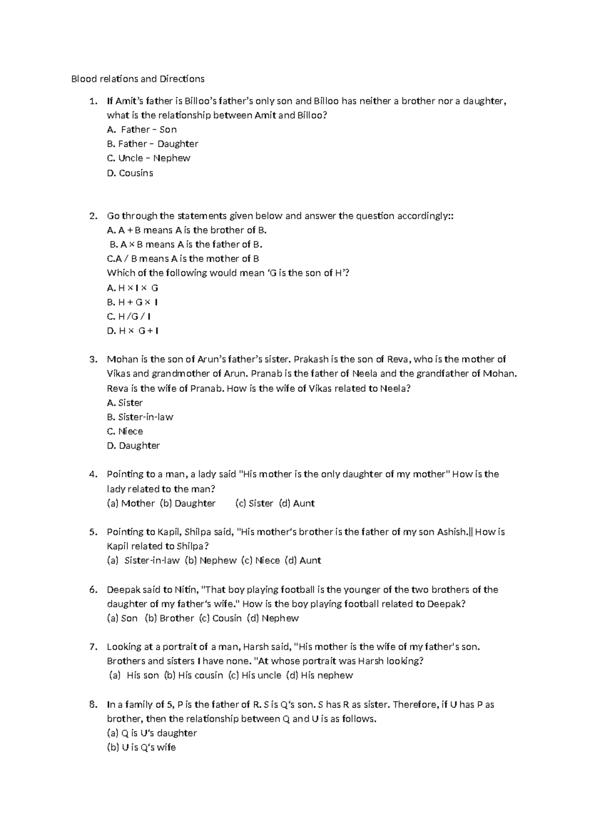 Blood relation and directions questions - Blood relations and ...