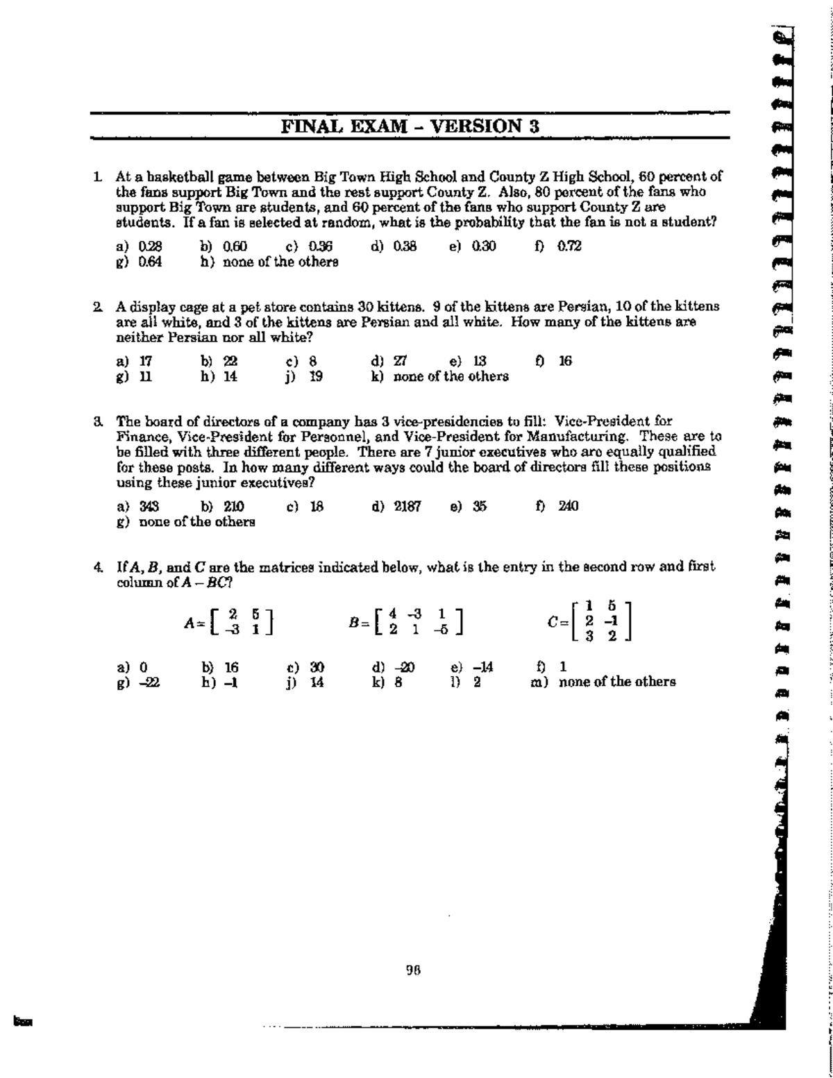 Sample Final V3 - FINAL EXAM VERSION 3 1. At a basketball game between ...