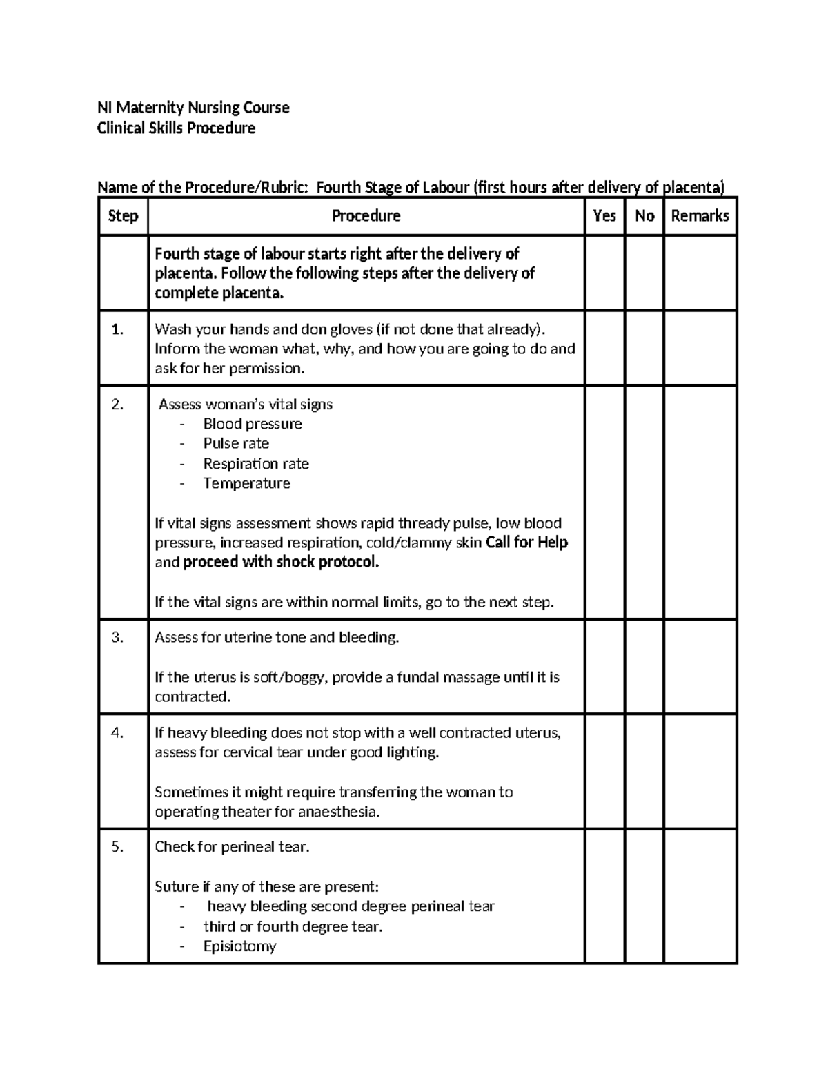 NI Maternity Nursing Course Clinical Skills Fourth stage of Labour - NI ...