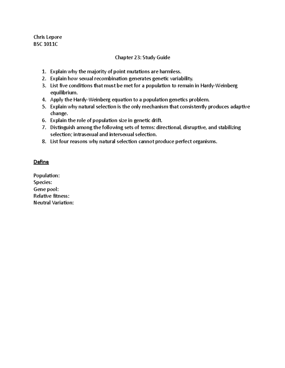 Chapter 23 Study Guide - Chris Lepore BSC 1011C Chapter 23: Study Guide ...