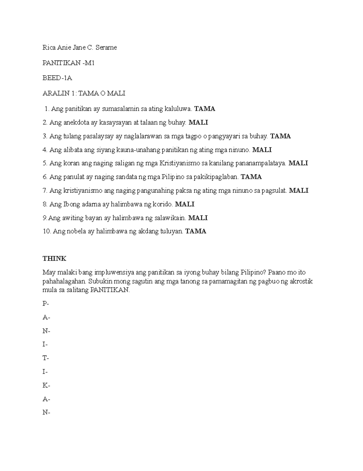M1- Panitikan - you can use it as a basis in answering your assignments ...