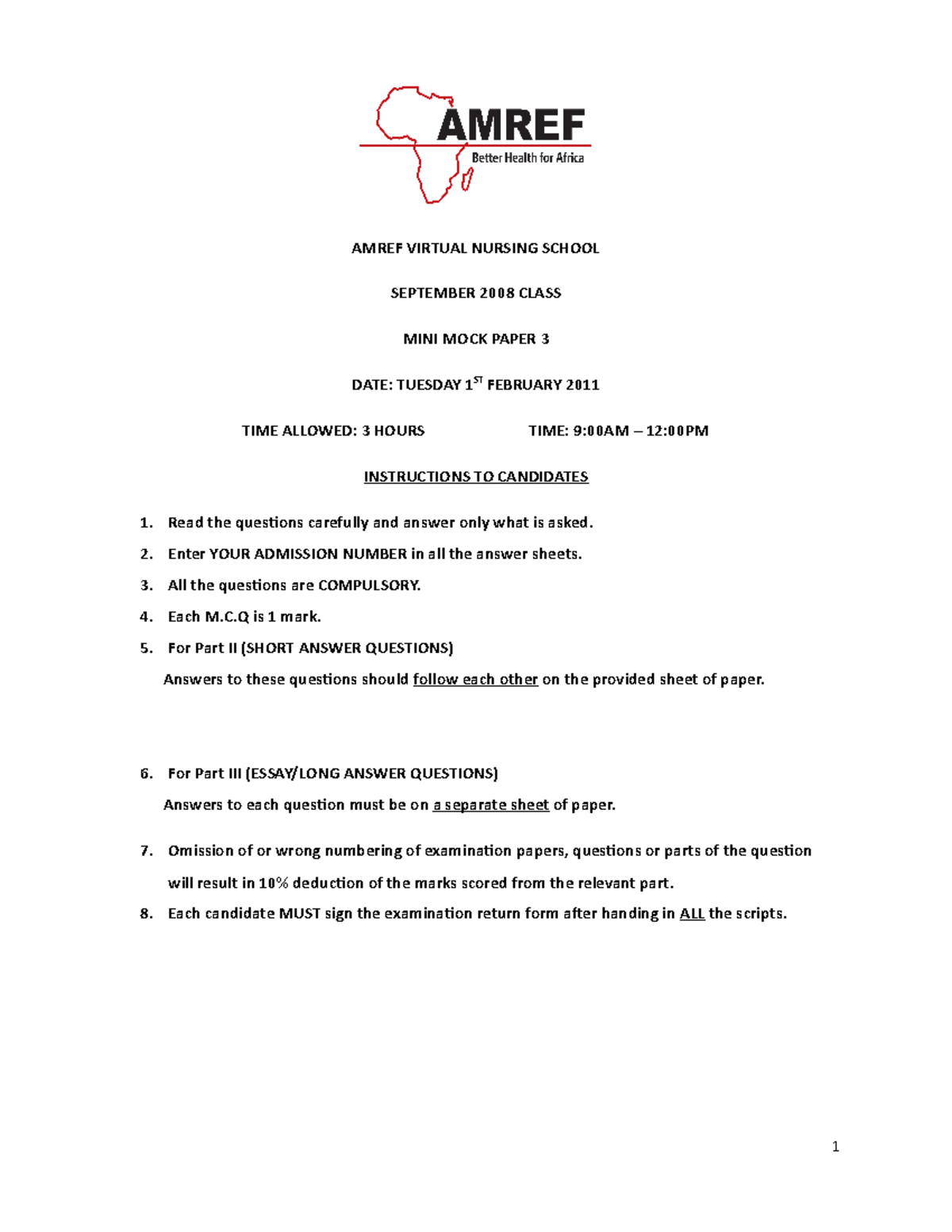 Mini mock paper 3-1 - nursing exam sample - AMREF VIRTUAL NURSING ...