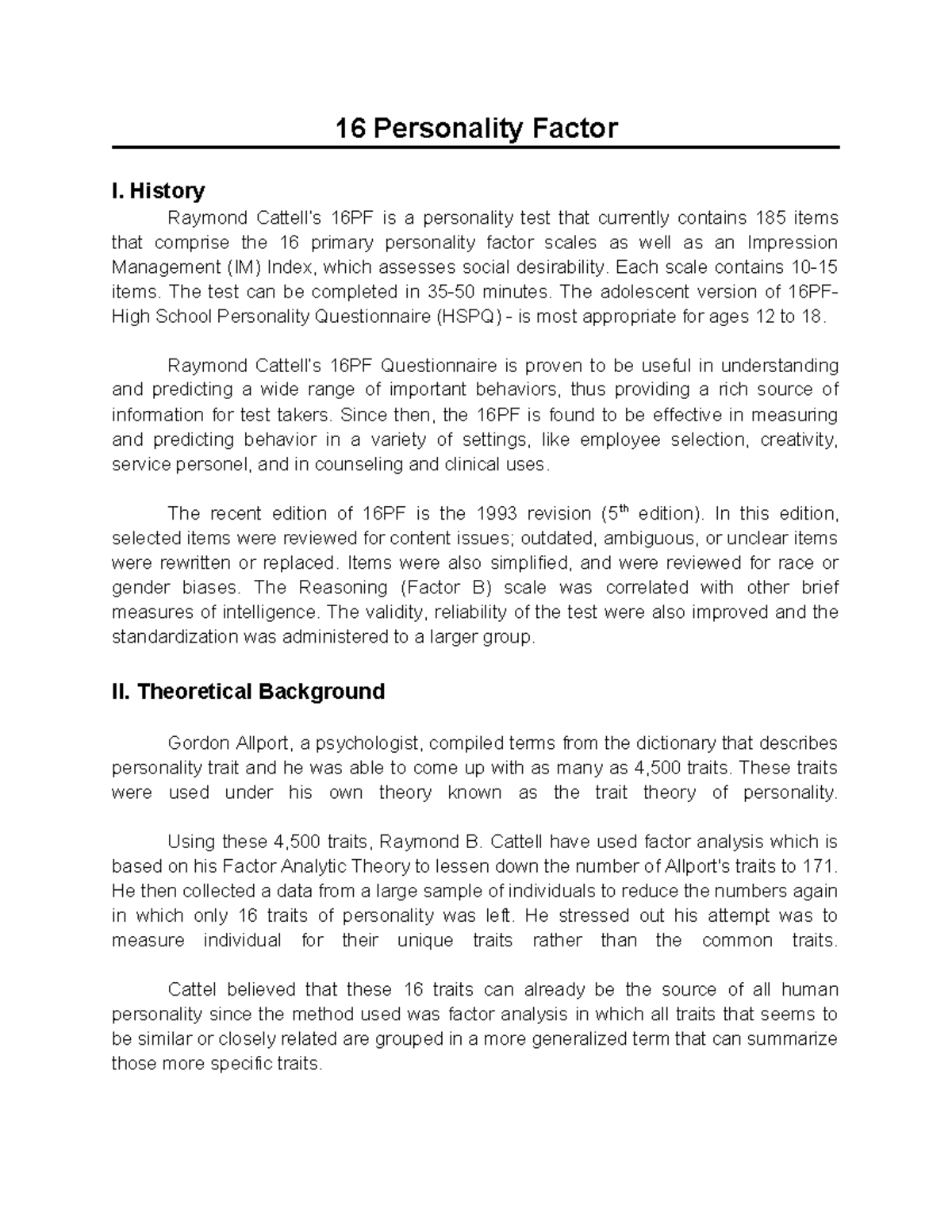 Handout on Cattell's 16 Personality Factors Test - 16 Personality ...