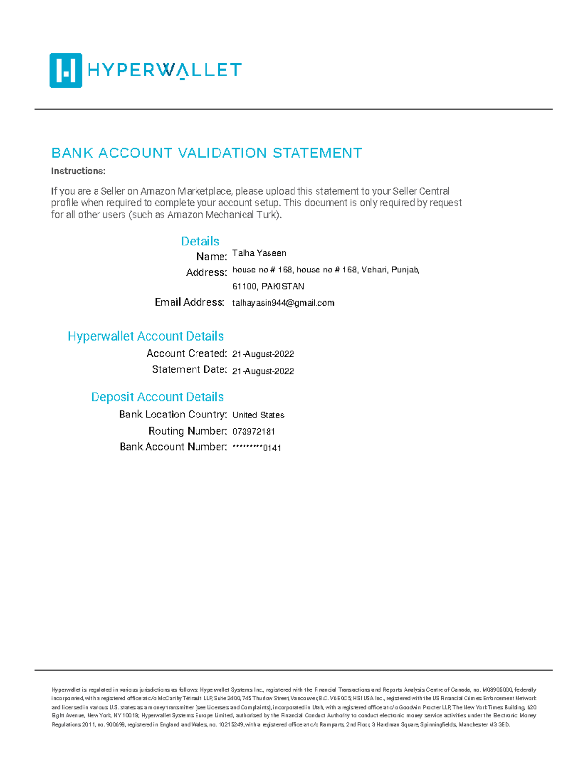 Amazon bank account validation statement US - BANK ACCOUNT VALIDATION ...