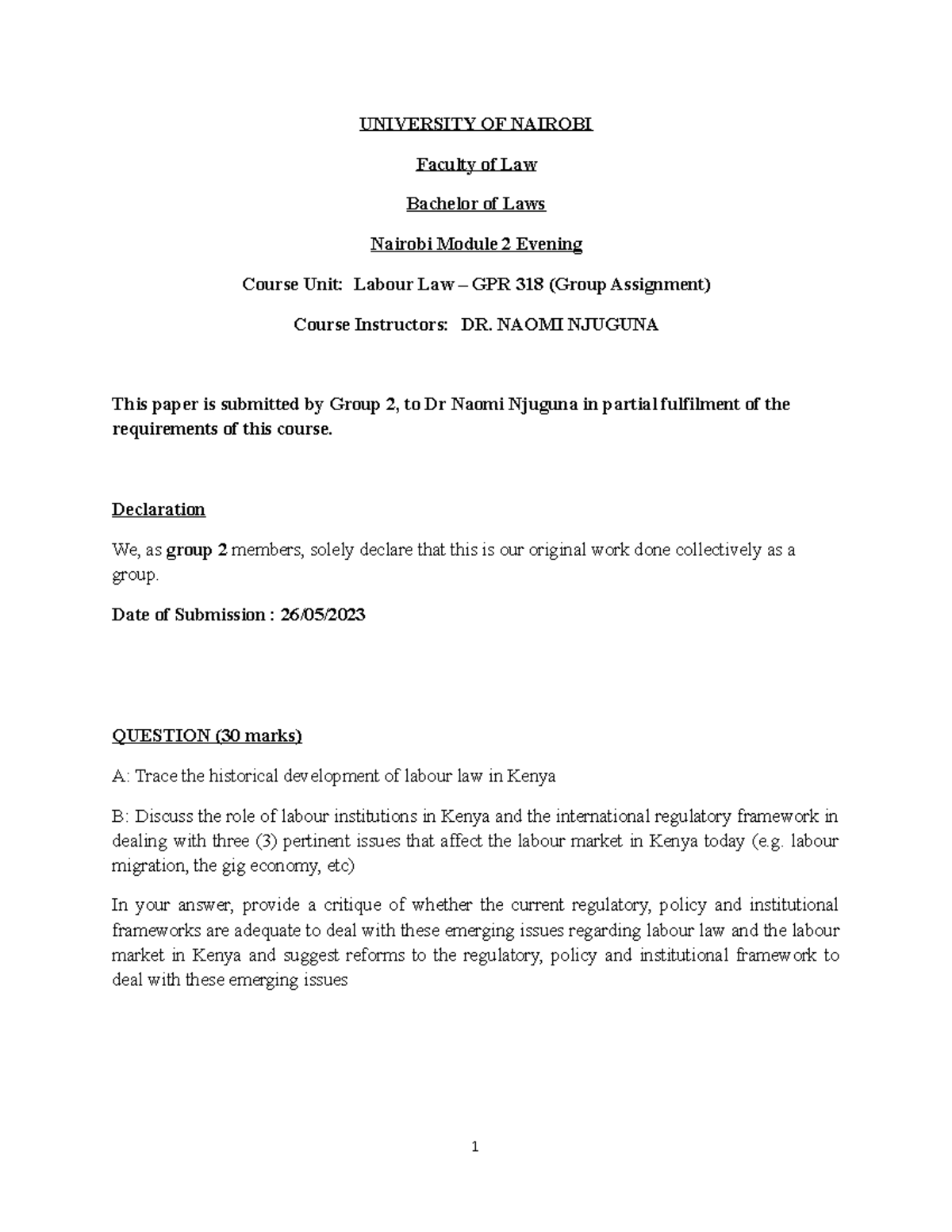 Group 2 Labour Law Assignment - Alternative Dispute Resolution - UoN ...