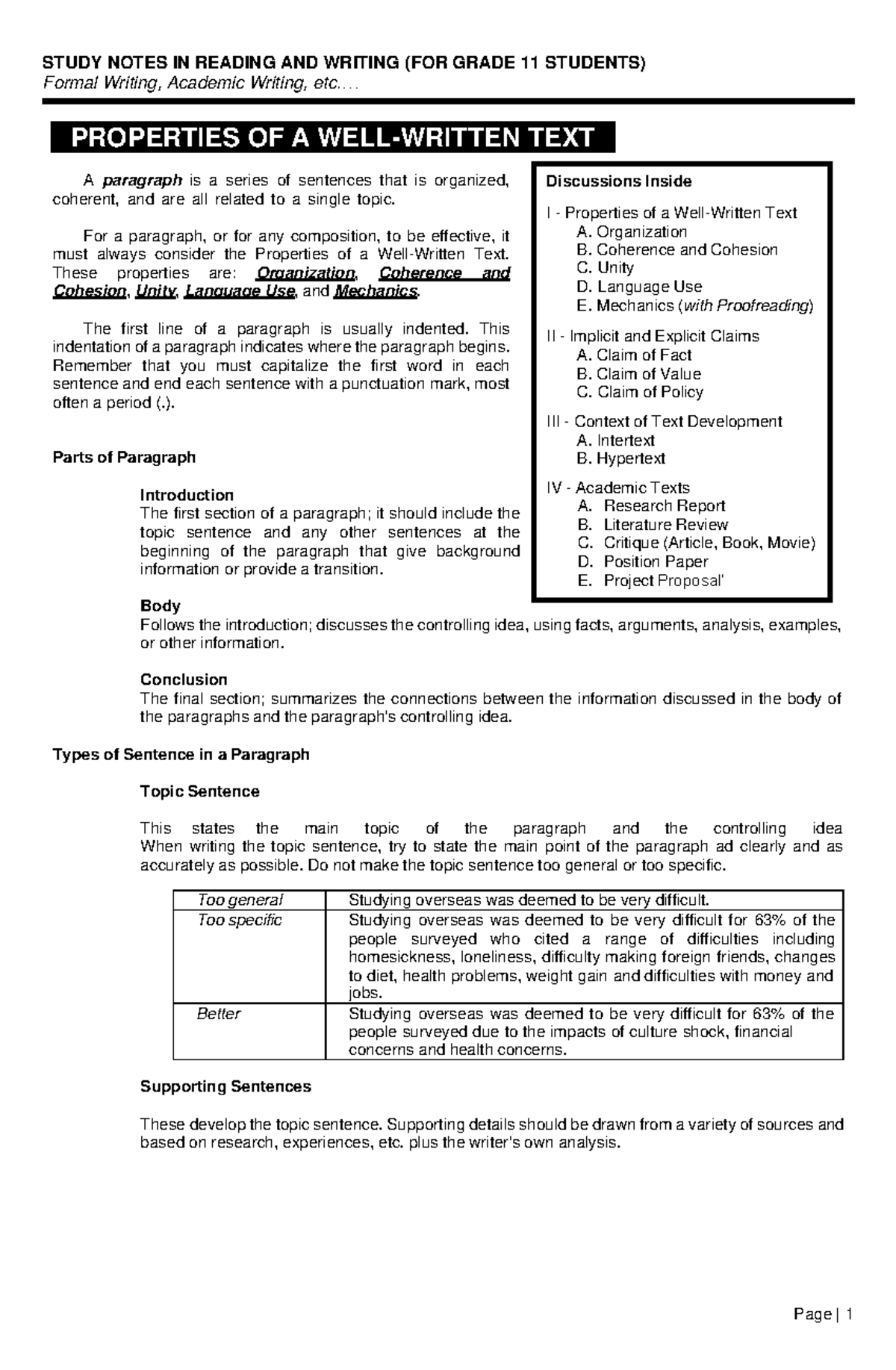 reading and writing - STUDY NOTES IN READING AND WRITING (FOR GRADE 11 ...