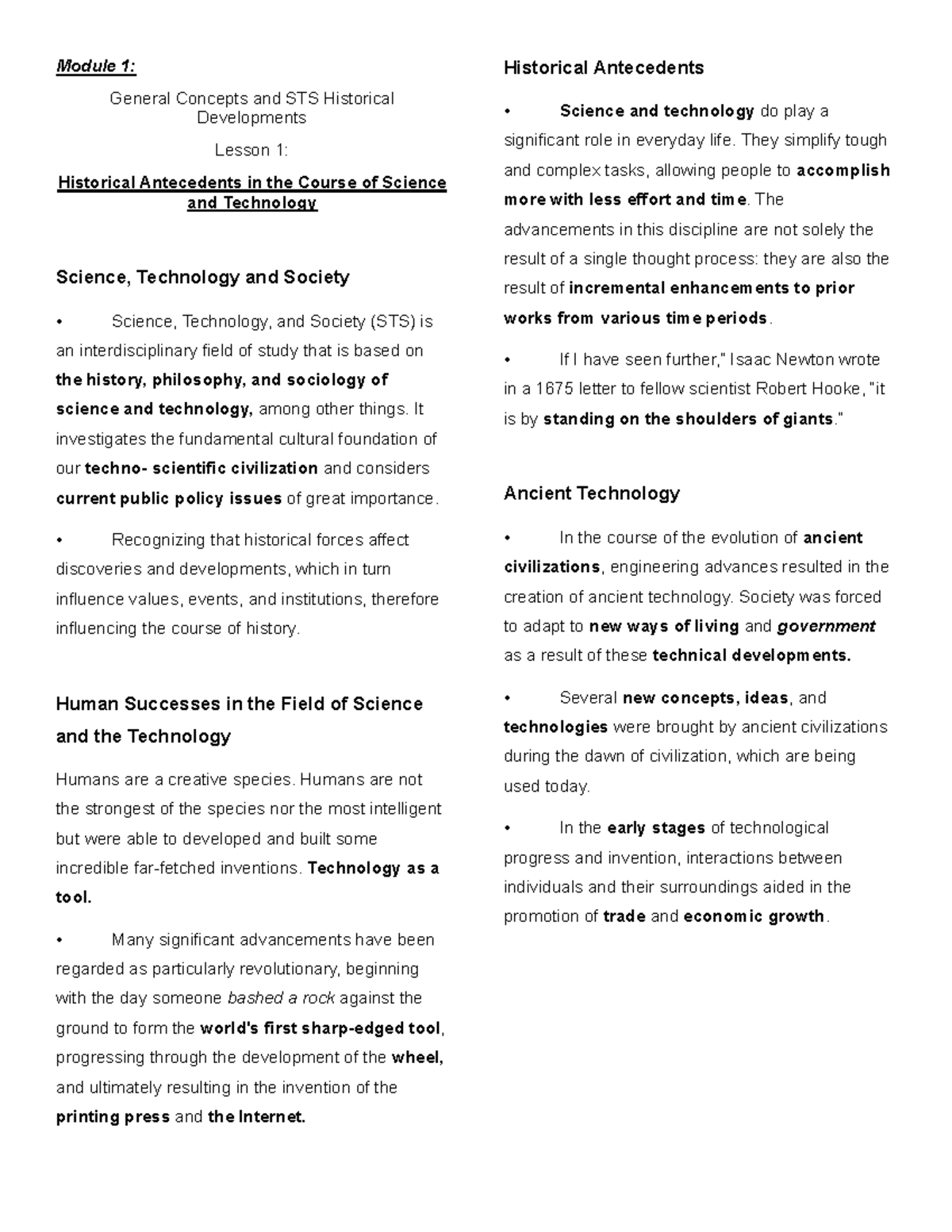 STS-Module-1 - Module 1: General Concepts and STS Historical Developments Lesson 1: Historical ...