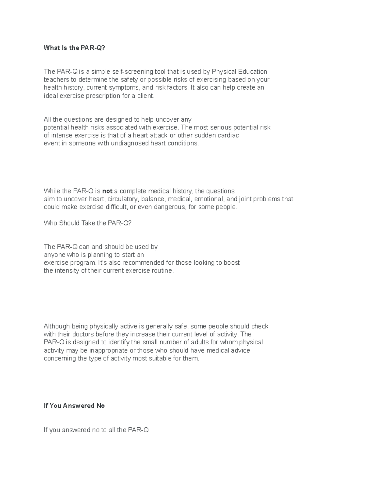 What Is the PAR - Lecture notes 1 - What Is the PAR-Q? The PAR-Q is a ...