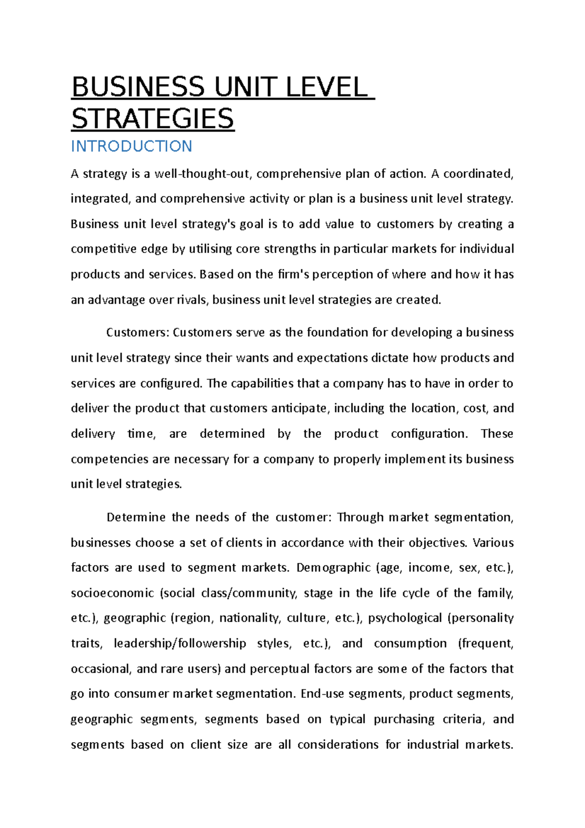 Business UNIT Level Strategies - BUSINESS UNIT LEVEL STRATEGIES ...