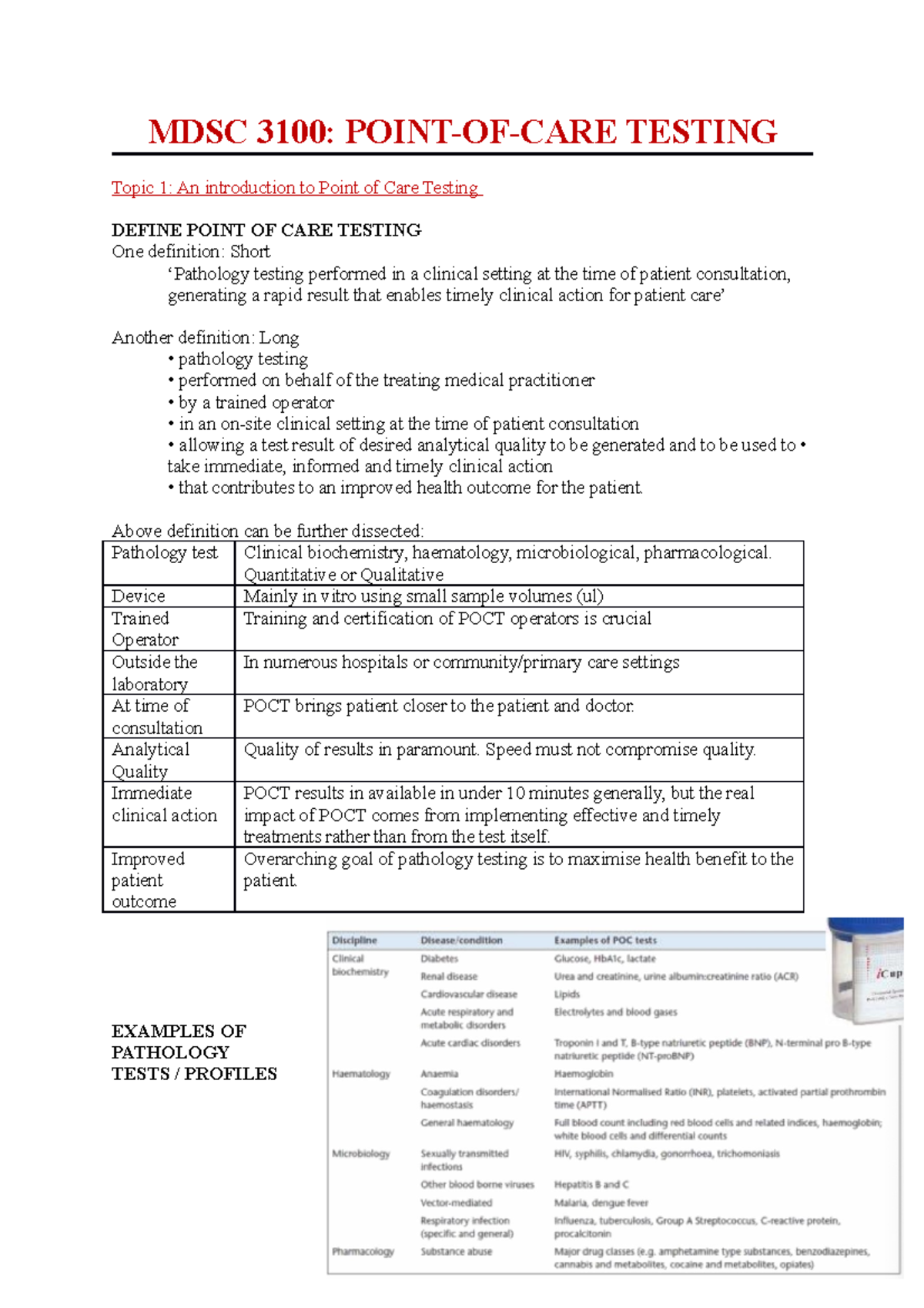 MDSC 3100 Notes for topic 1 - MDSC 3100: POINT-OF-CARE TESTING Topic 1 ...