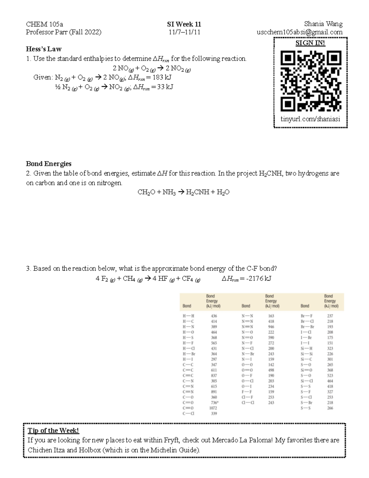 Week 11 SI - Week 11 SI - Hess’s Law Use the standard enthalpies to ...
