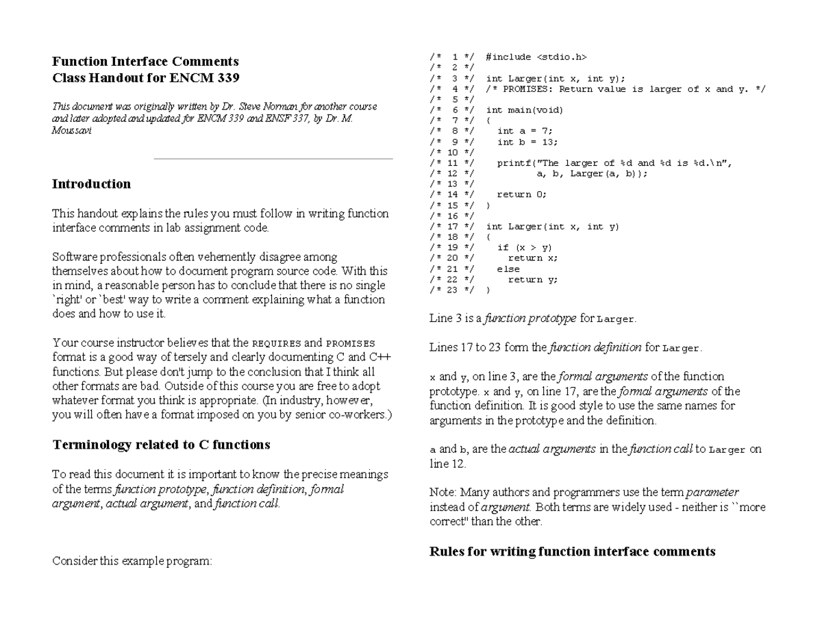 Interface Comments - Function Interface Comments Class Handout for ENCM ...