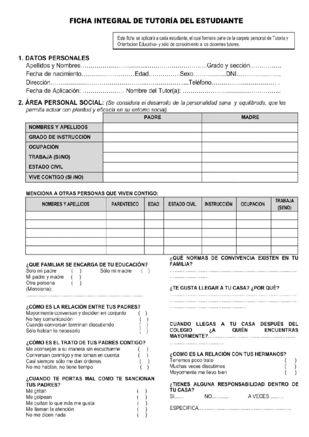 Ficha Diagnostica Tutoria - Tutoría y orientación del educando - Studocu