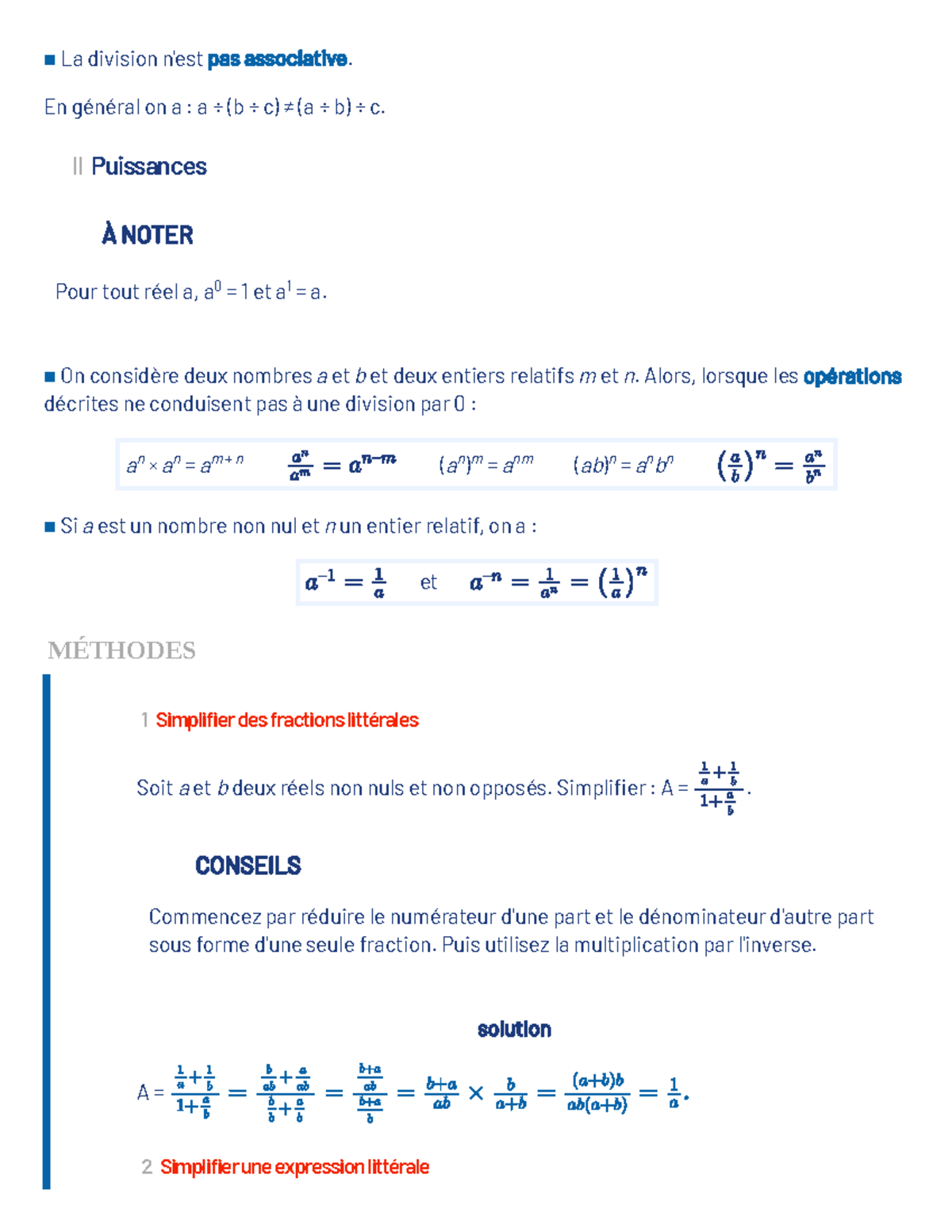 Calcul littéral multiplication, division et puissances - Fiche de Révision Annabac - La division ...