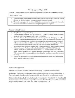 Critically Appraised Topic 3 - 2) Specific inclusion criteria (43 ...