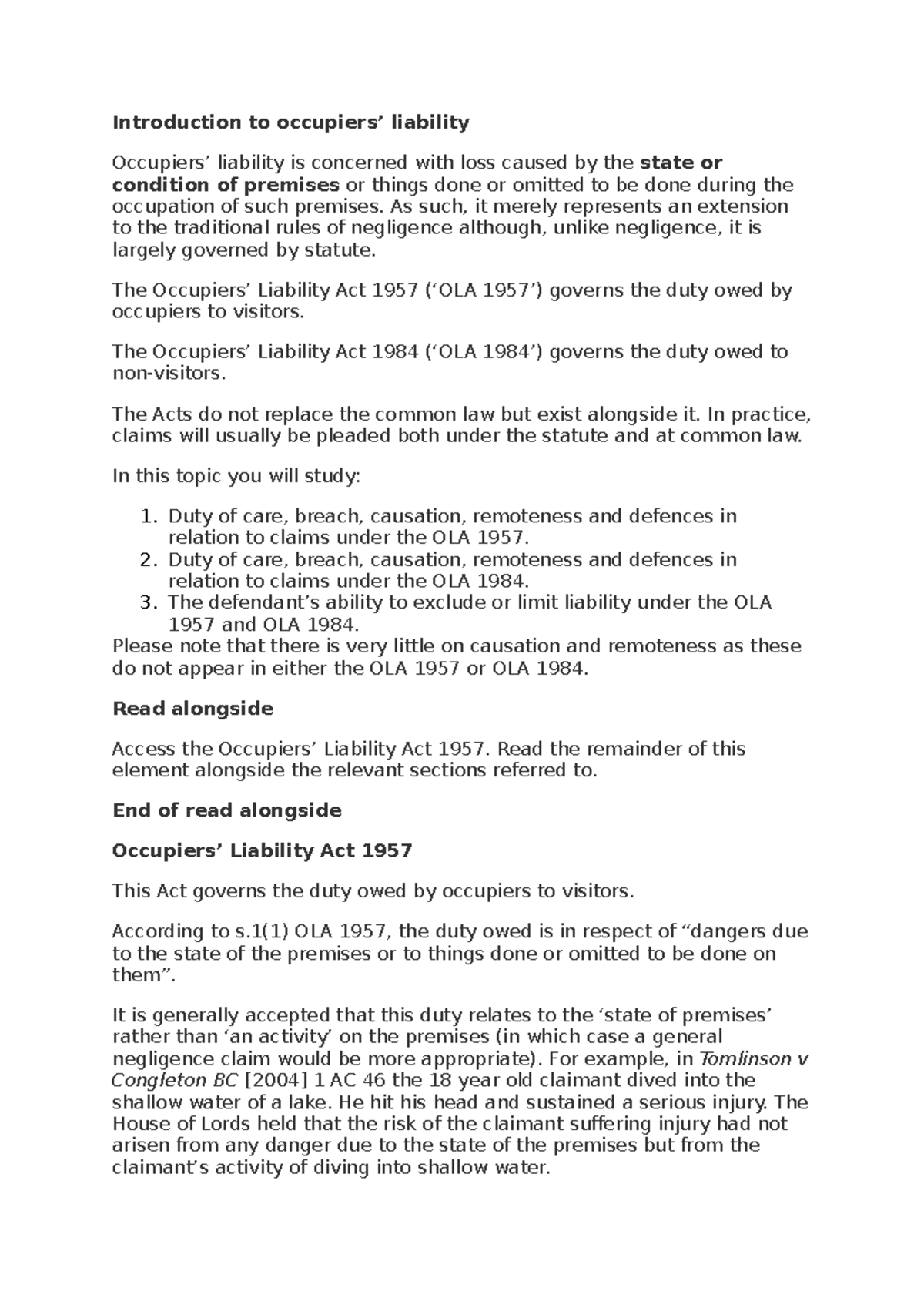 Occupiers’ Liability - Introduction to occupiers’ liability Occupiers ...