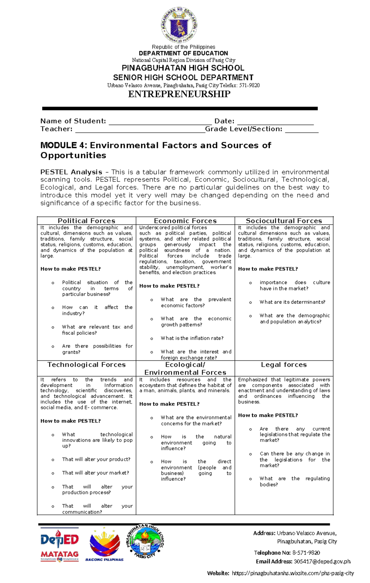 Entrep Worksheet- Module 4-9 - DEPARTMENT OF EDUCATION National Capital ...