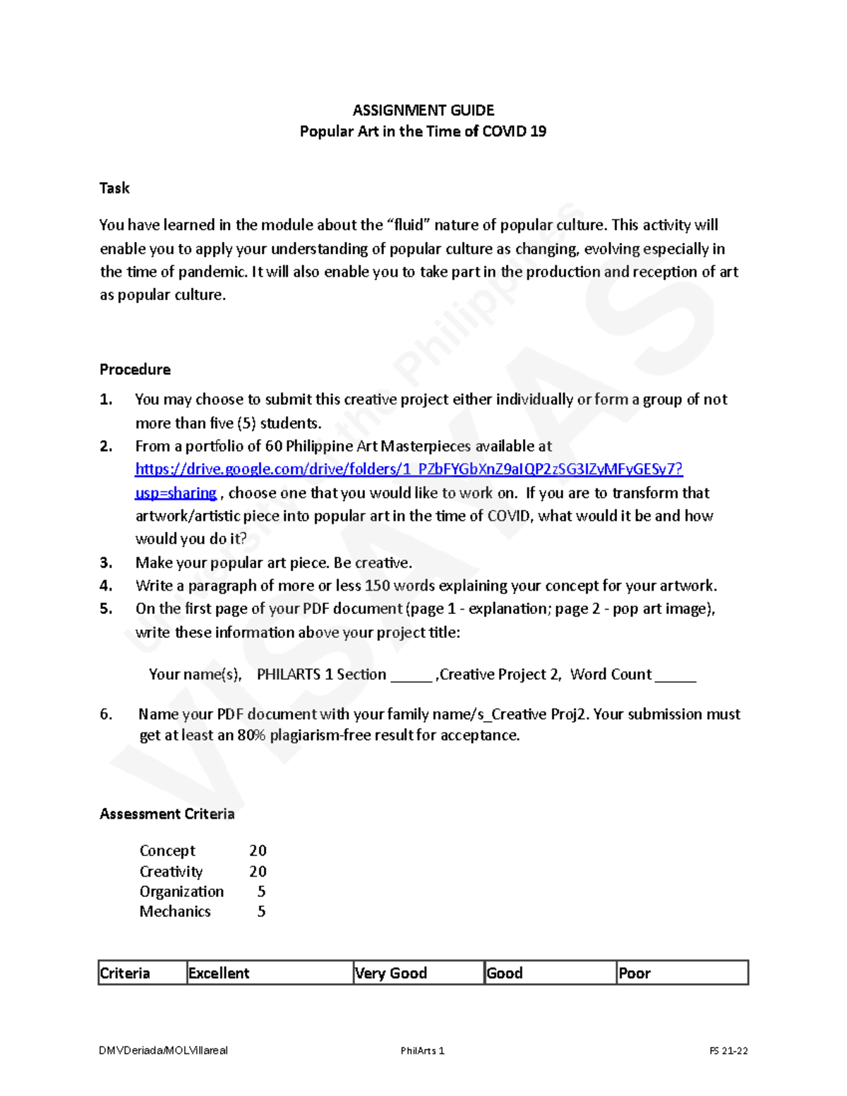 Guide to Creative Project - ASSIGNMENT GUIDE Popular Art in the Time of ...