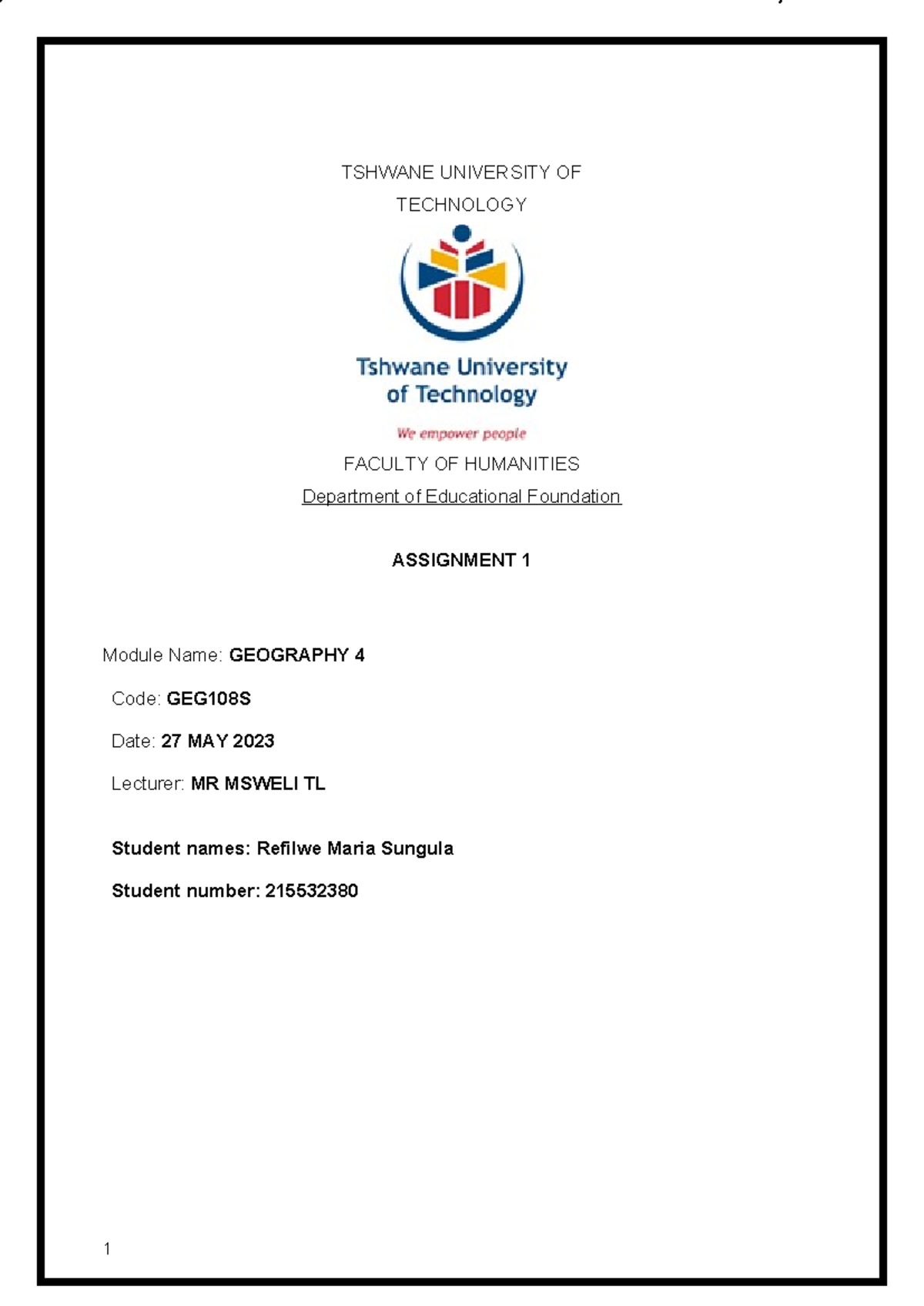 2023 geo assignment 1 - Geography - TSHWANE UNIVERSITY OF TECHNOLOGY ...
