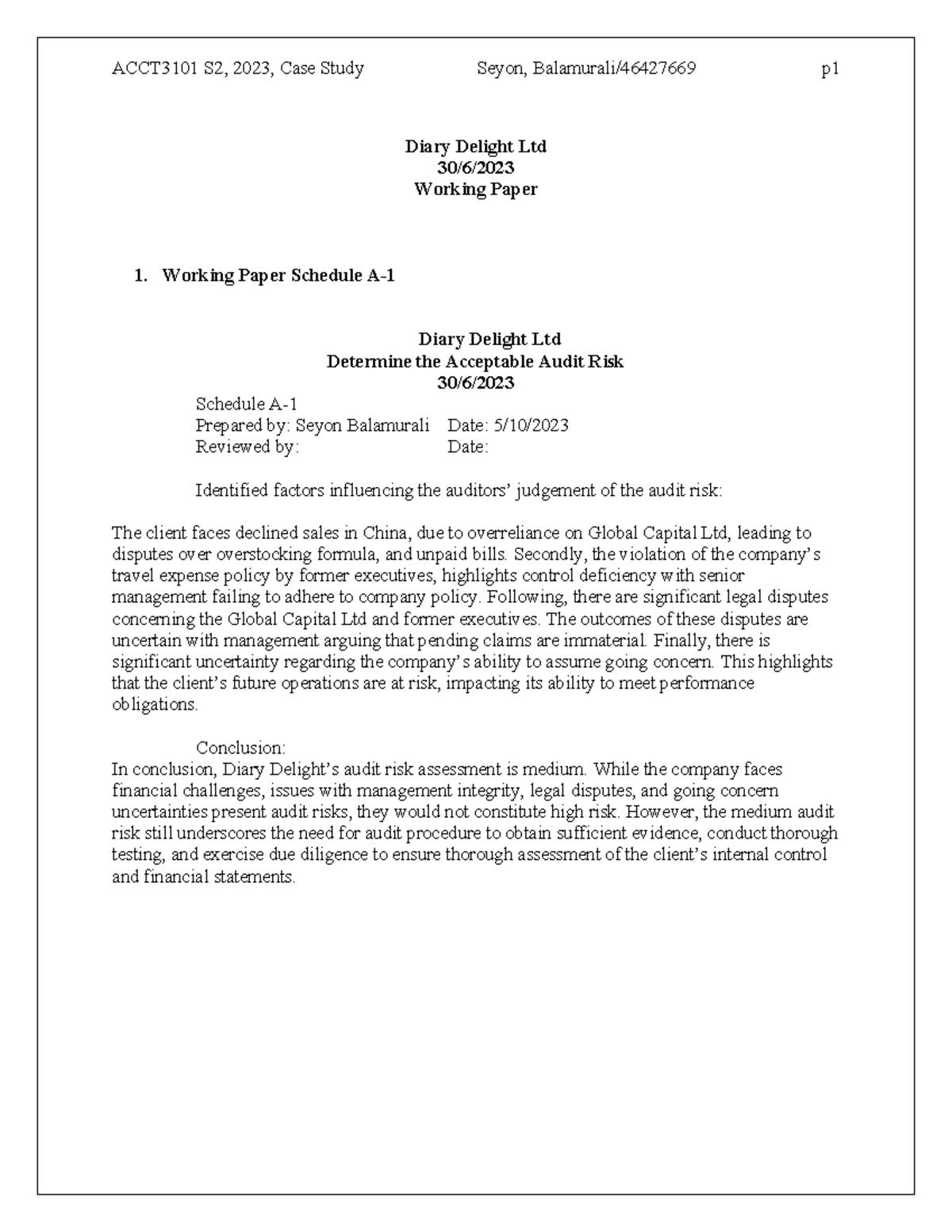 case study for assignment - Diary Delight Ltd 30/6/ Working Paper Working Paper Schedule A ...