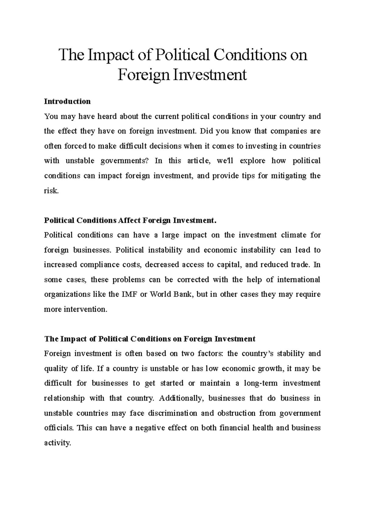 The Impact of Political Conditions on Foreign Investment - The Impact ...