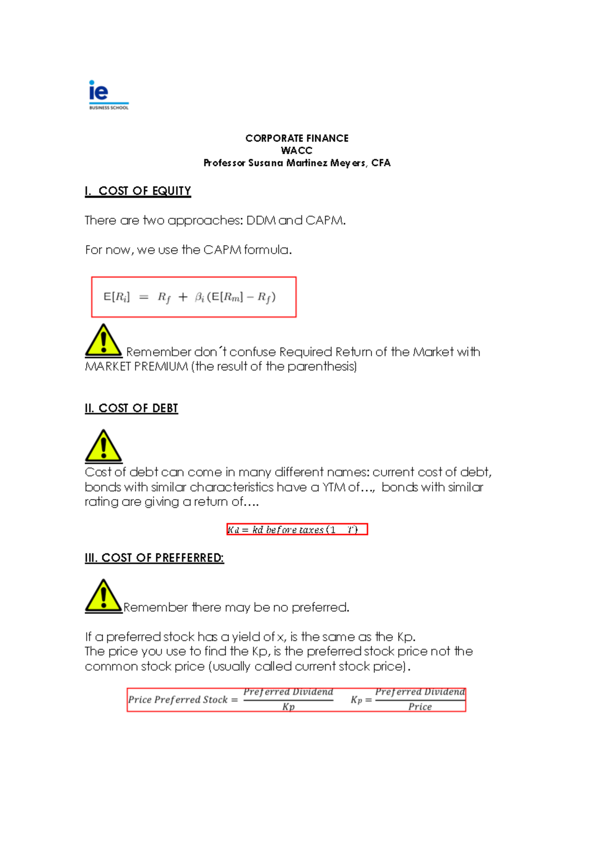 WACC Formula Sheet - WACC - CORPORATE FINANCE WACC Professor Susana ... WACC Formula Sheet - WACC - CORPORATE FINANCE WACC Professor Susana ...