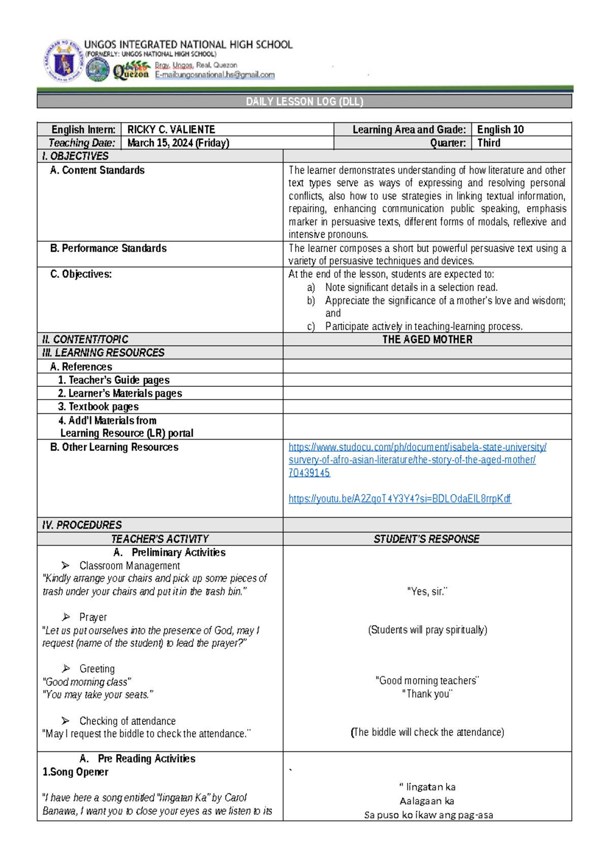 March 15Friday Lesson Plan - DAILY LESSON LOG (DLL) English Intern ...