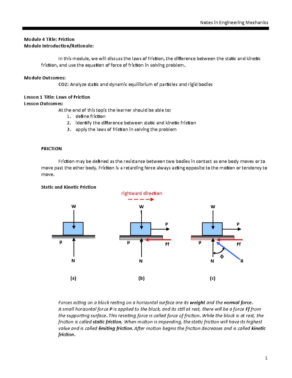 Module 4- friction - EMECH - Module 4 Title: Friction Module ...