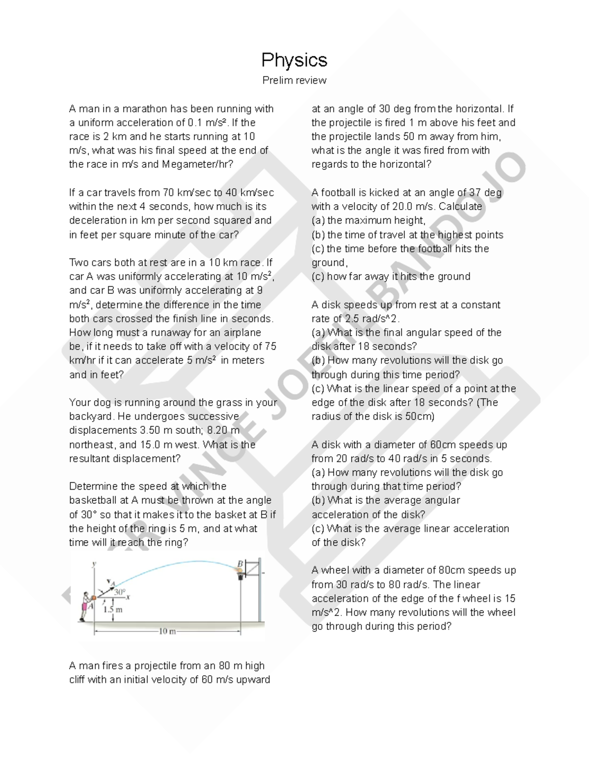 Physics Review 1 1A - Physics Prelim review A man in a marathon has ...