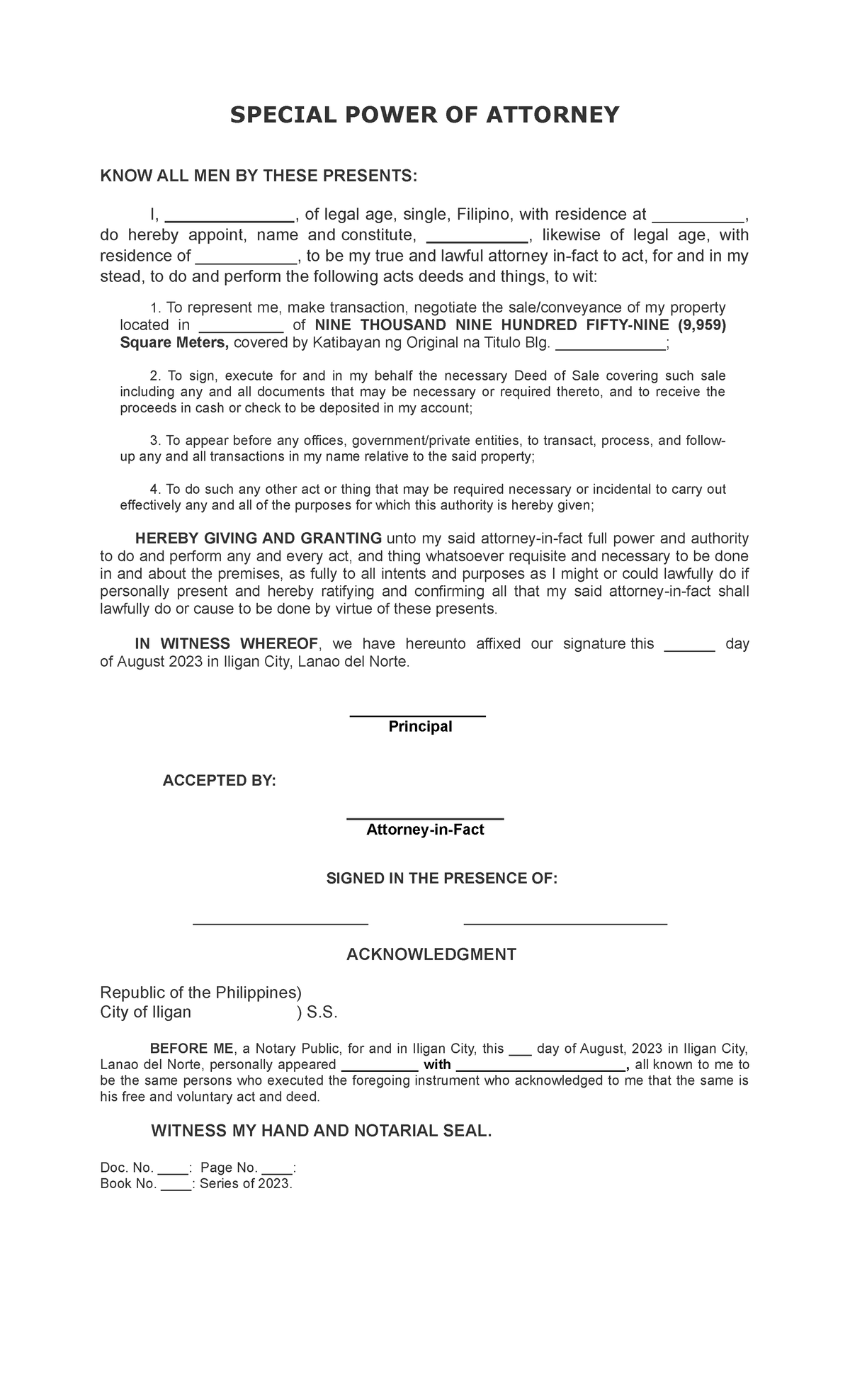 SPA (PROP) - to appoint someone in behalf of the principal for the lot ...