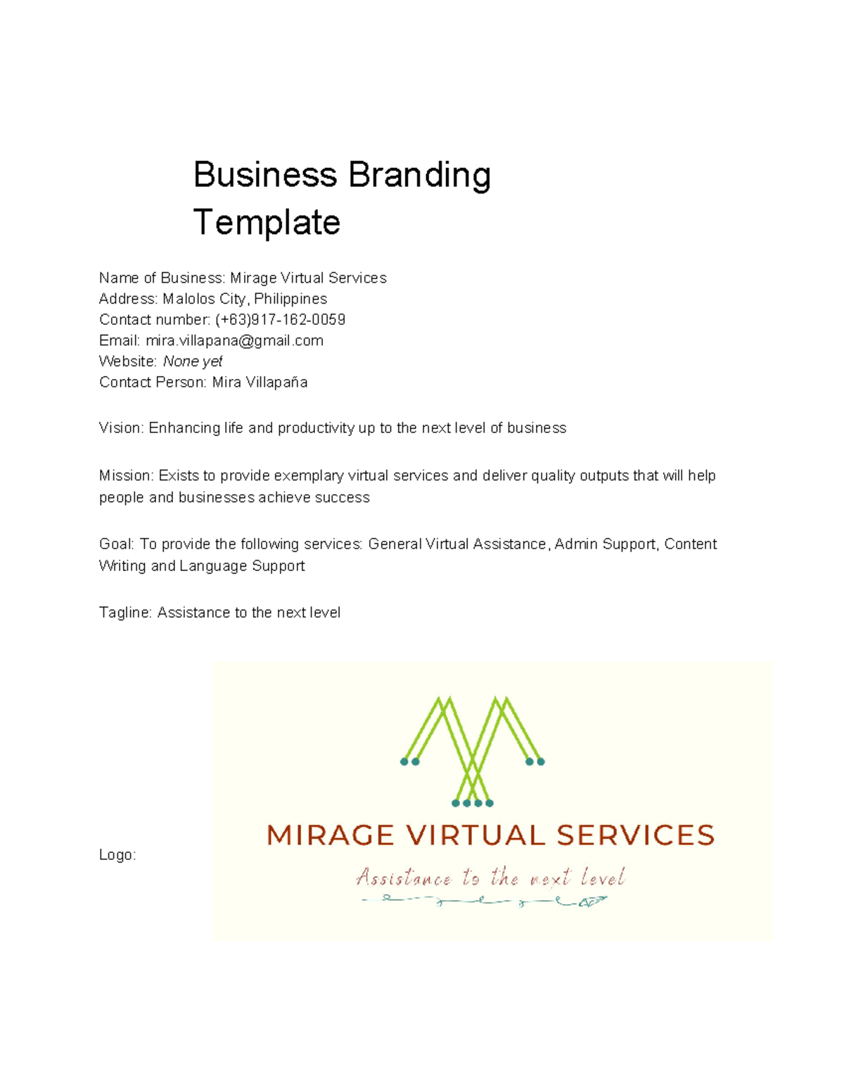 Business Branding - Business Branding Template Name of Business: Mirage ...