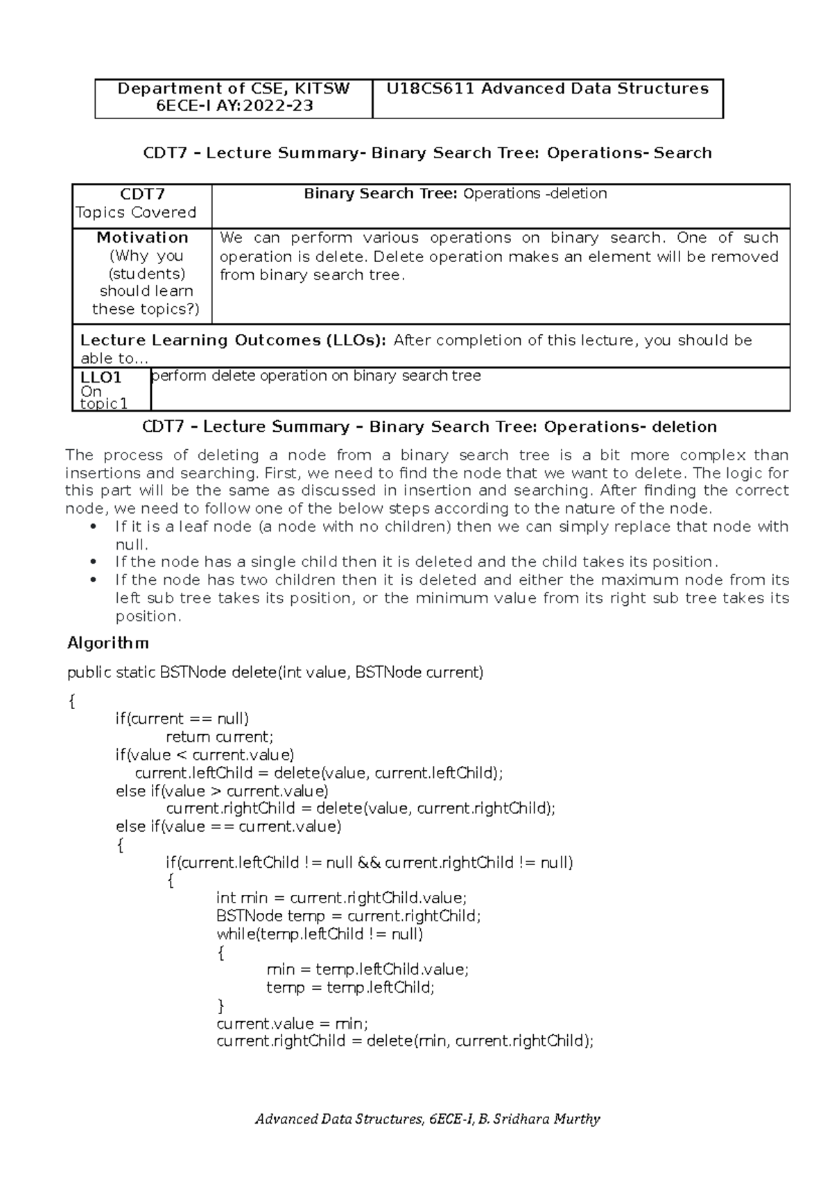 Cdt7 Notes For Ds Department Of Cse Kitsw 6ece I Ay2022 U18cs611 Advanced Data Structures