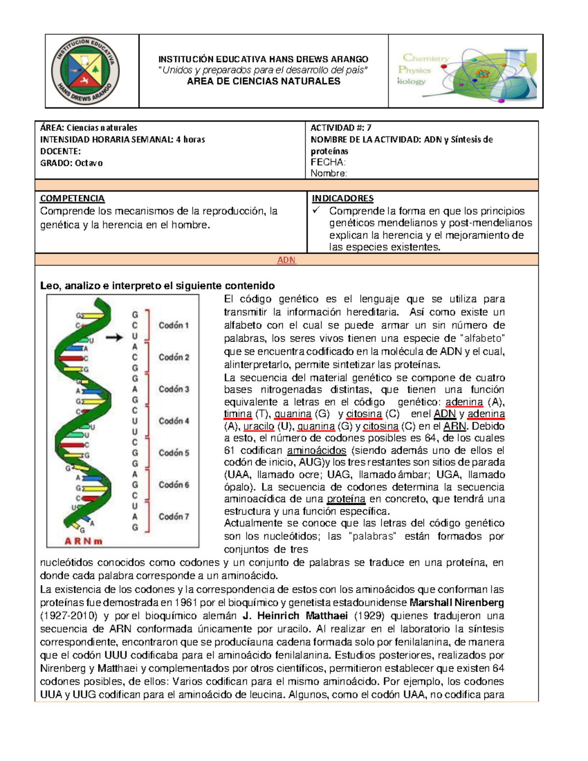 Taller # 8 Octavo - ADN y sintesis de proteinas imprimir - INSTITUCIÓN ...