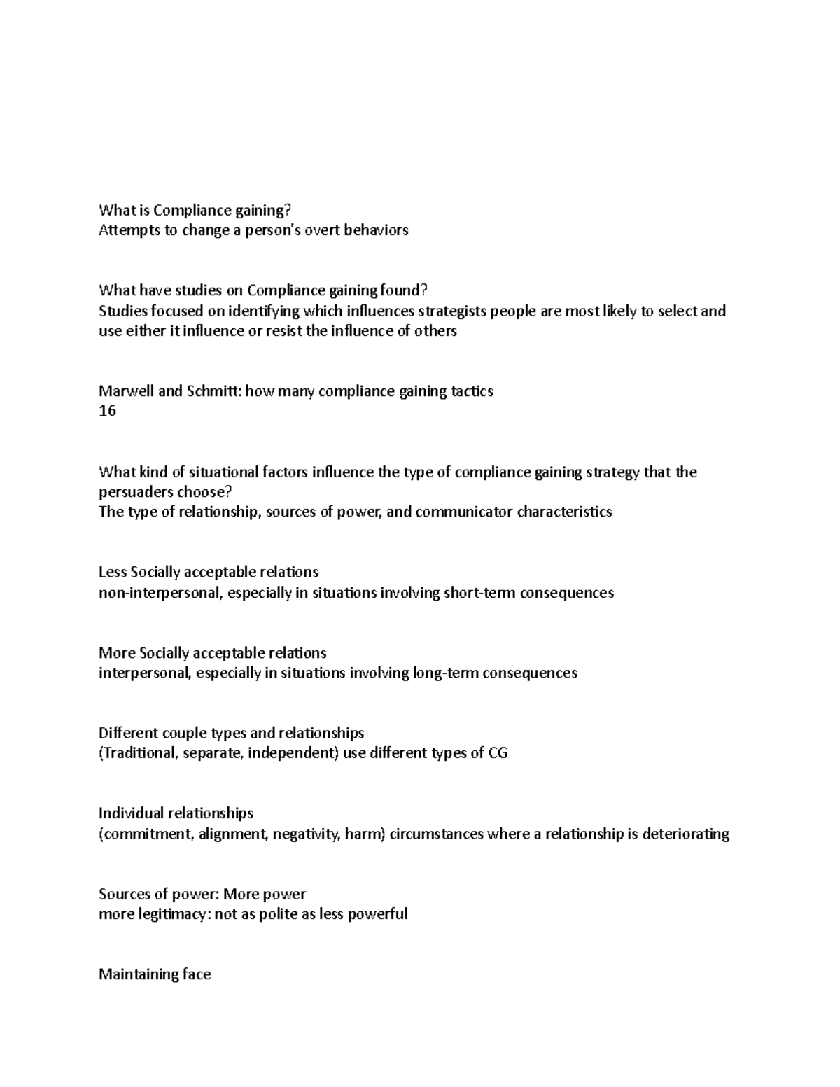 Comm 325 Final Review - What is Compliance gaining? Attempts to change ...